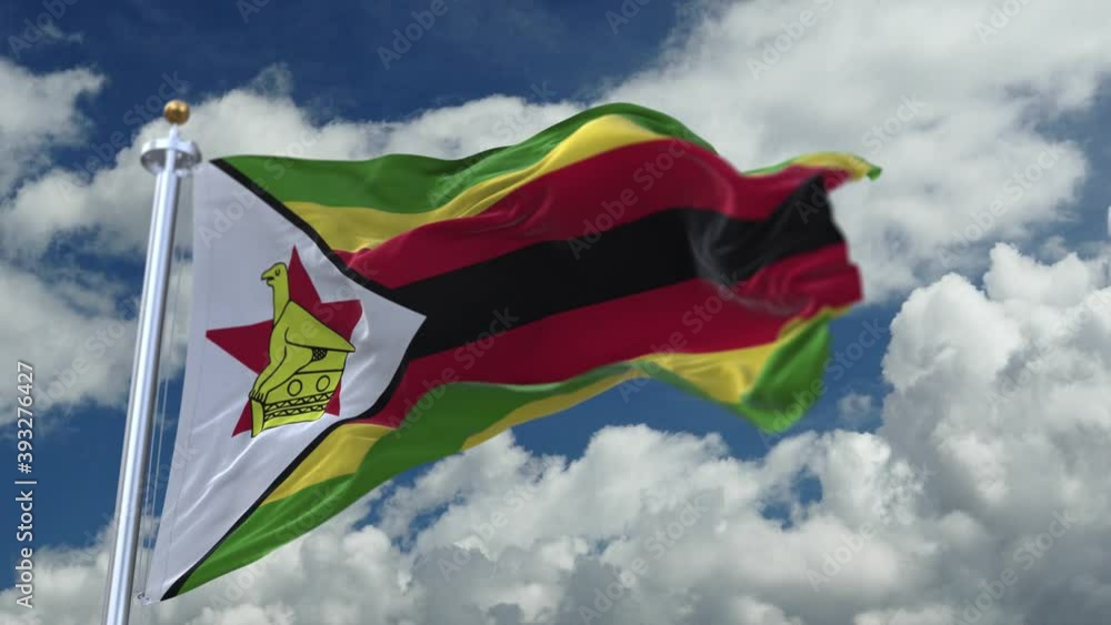 4k looping flag of Zimbabwe with flagpole waving in wind;timelapse ...
