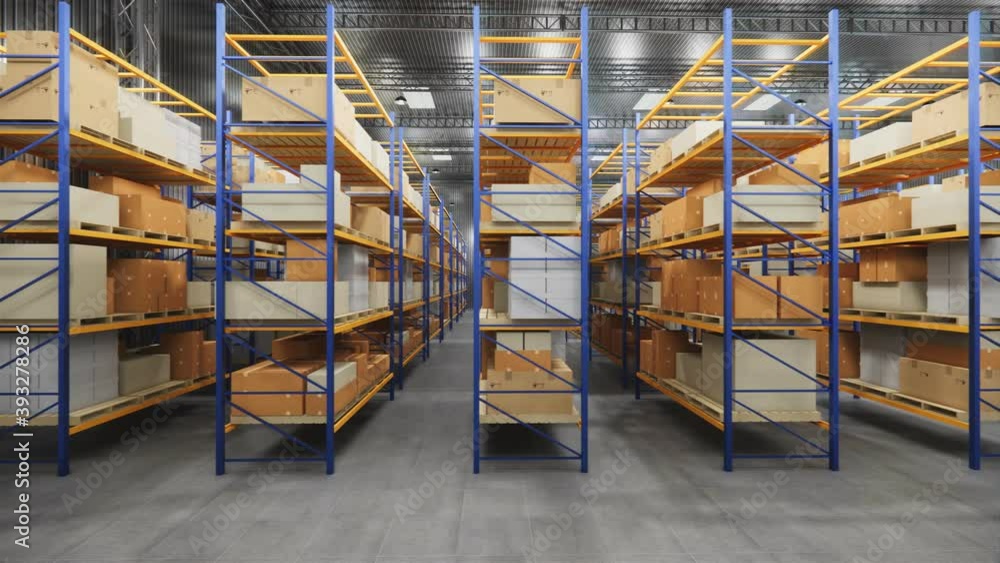 Warehouse with cardboard boxes inside on pallets racks, logistic center ...