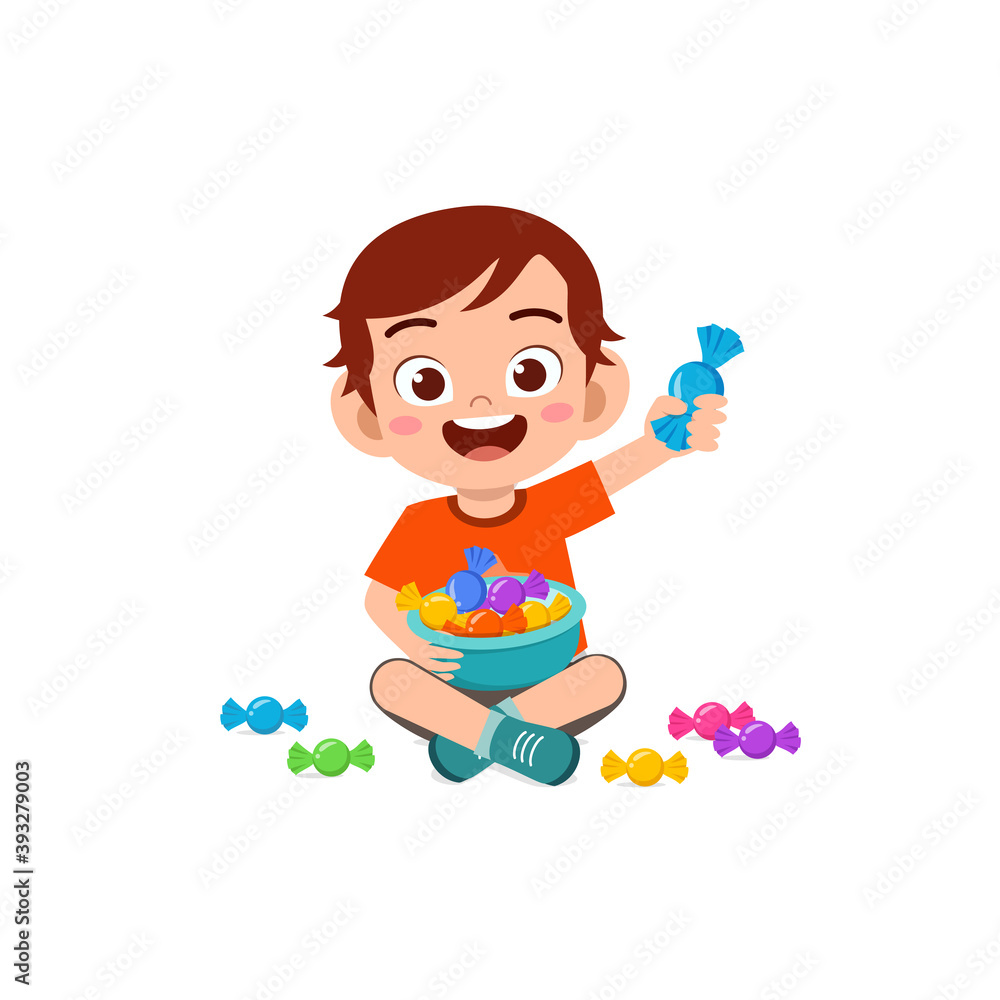 happy cute little kid boy and girl eat candy and sweets Stock Vector ...