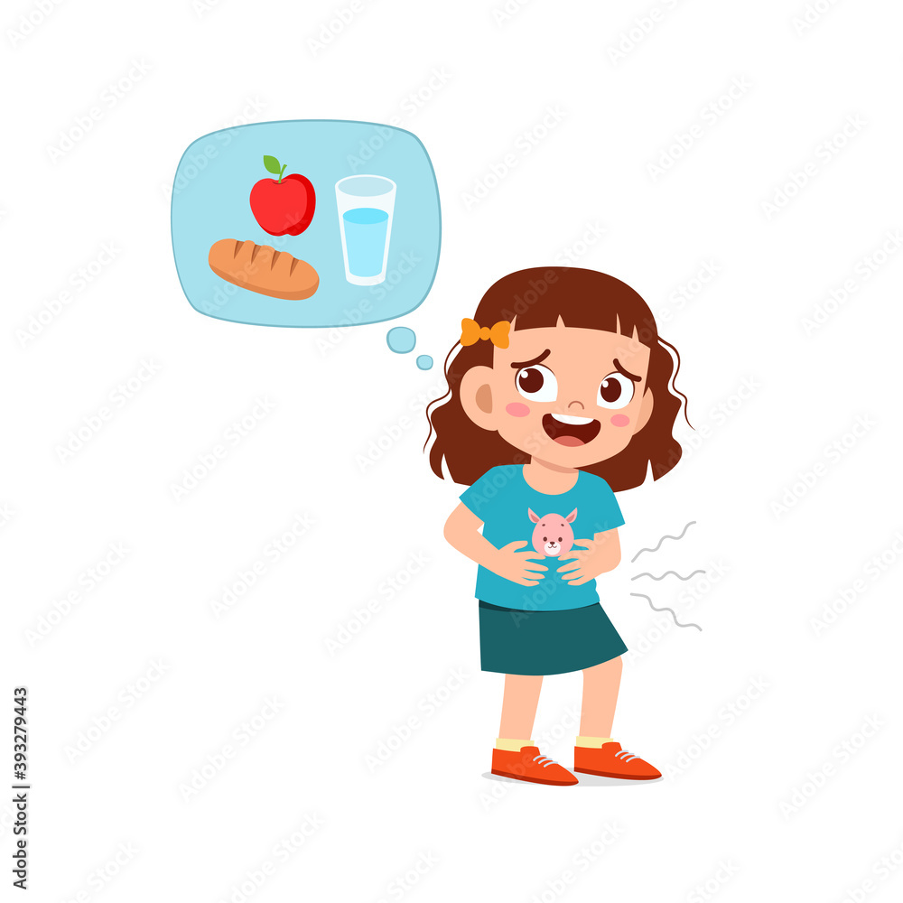 happy cute kid boy and girl feels hungry want to eat and thinks about ...