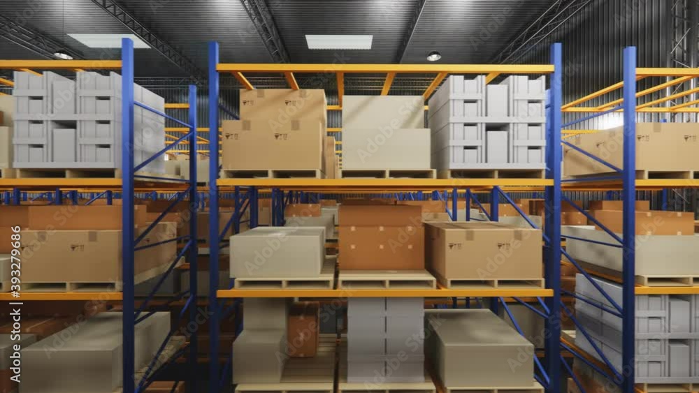 Warehouse with cardboard boxes inside on pallets racks, logistic center ...