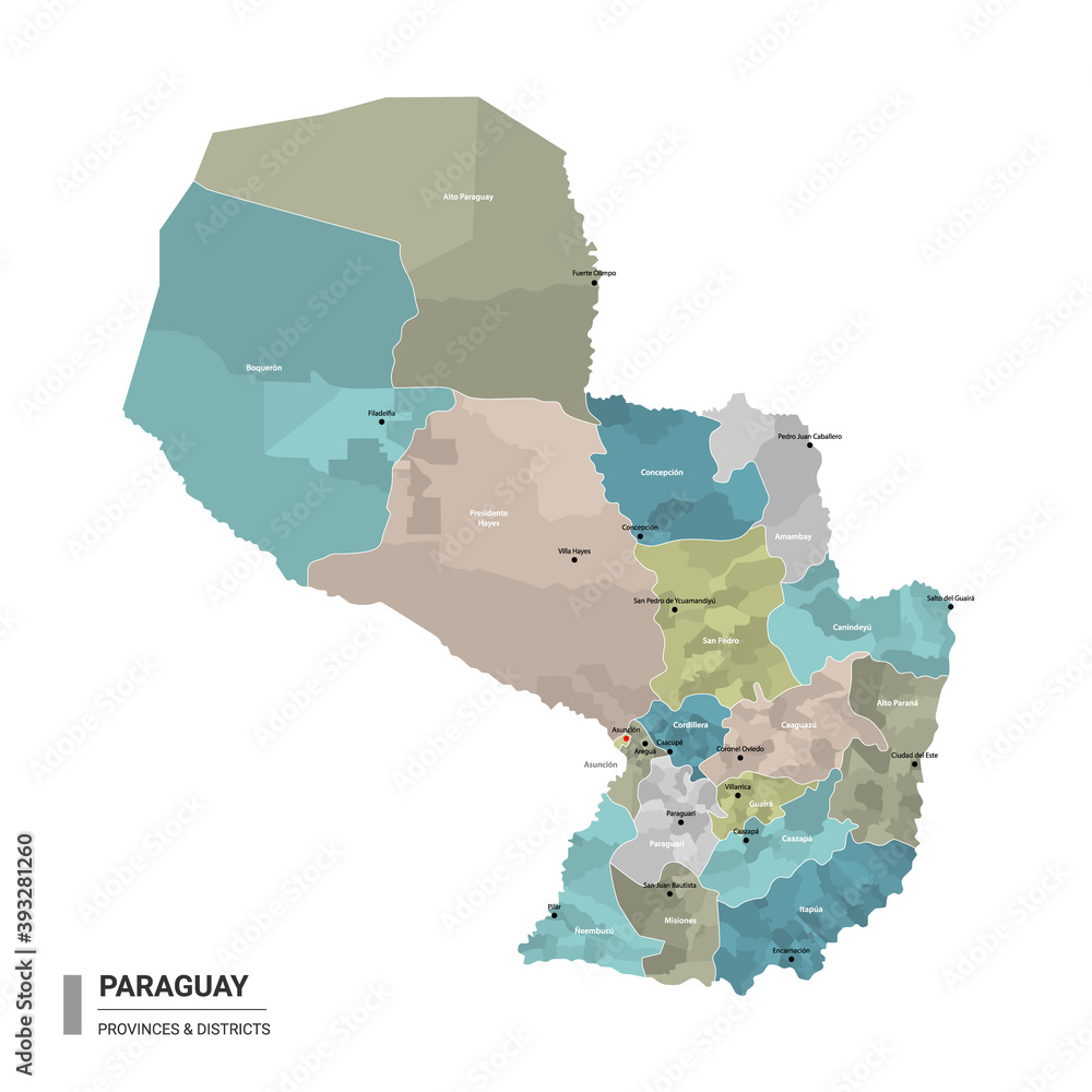 Paraguay higt detailed map with subdivisions. Administrative map of ...