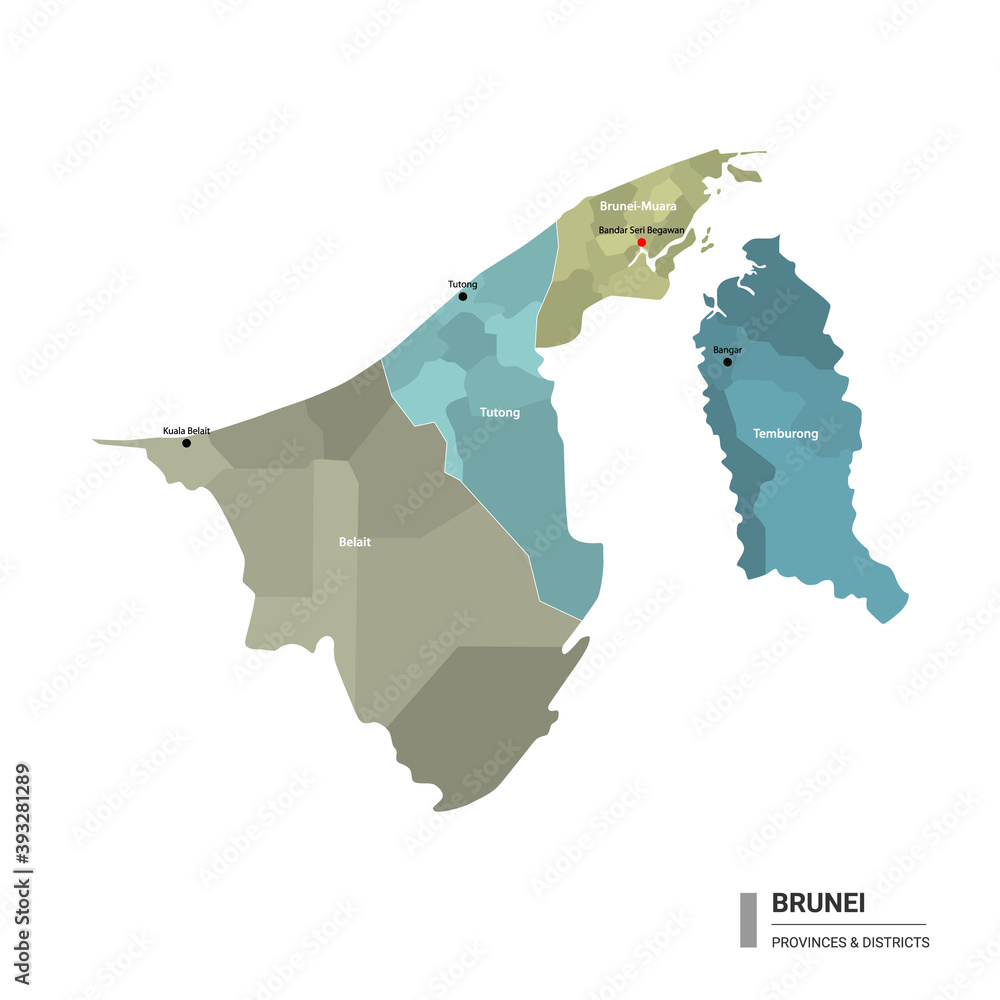 Brunei higt detailed map with subdivisions. Administrative map of ...
