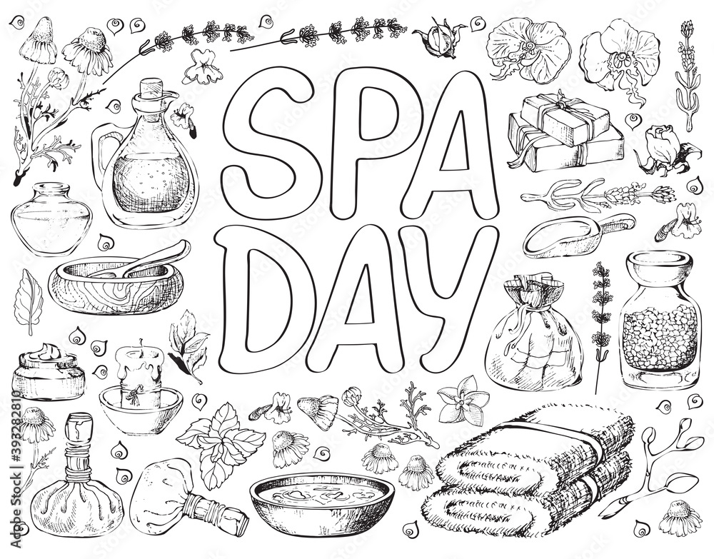 Coloring Page with spa care elements. Vector line art illustration ...