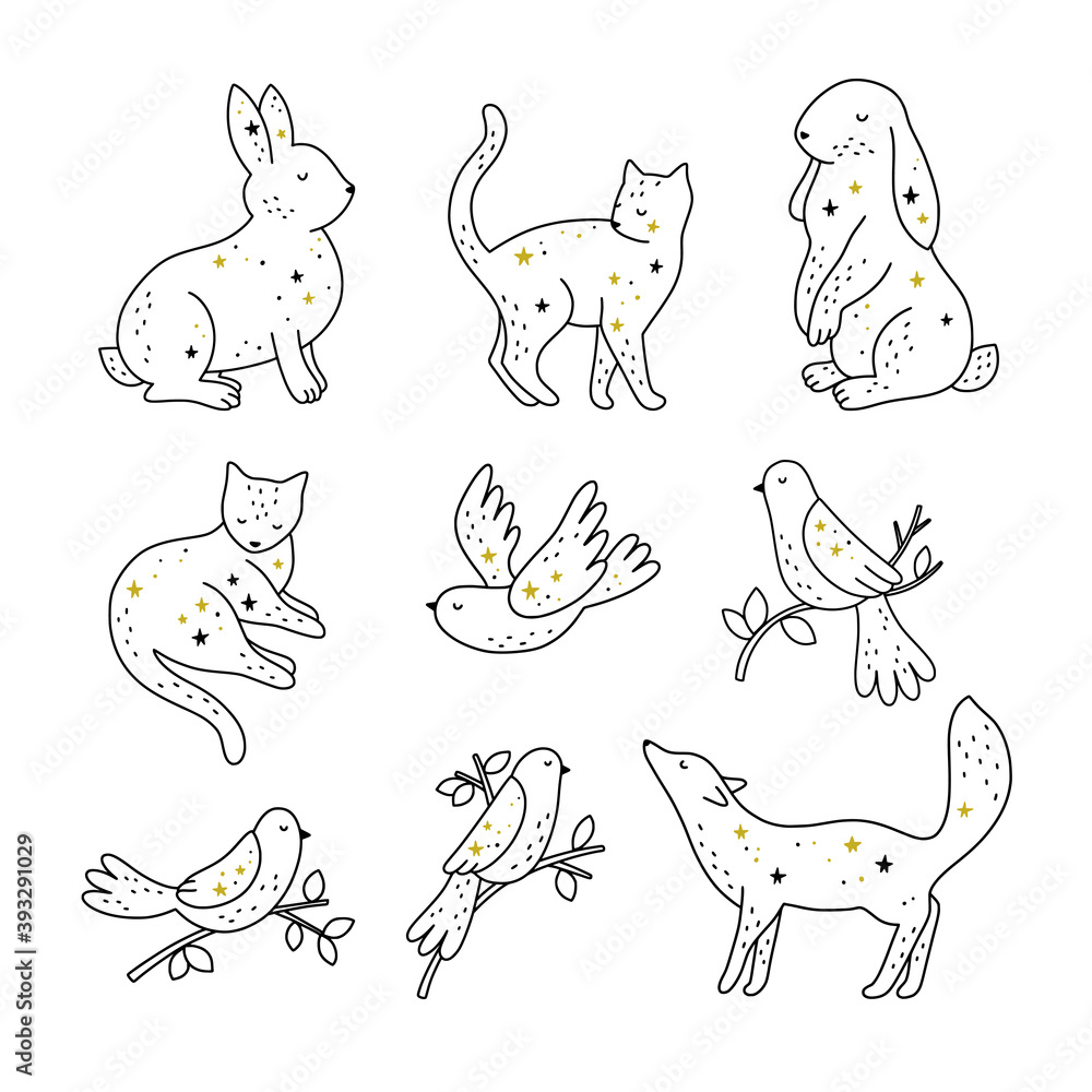 Star animals vector set. Cute animals and birds with stars isolated on ...
