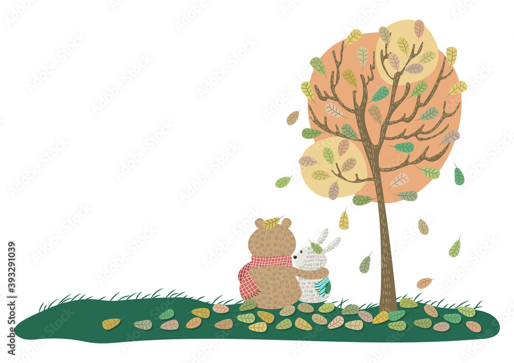 Bear and bunny the lovers hugging under the tree vector illustration ...
