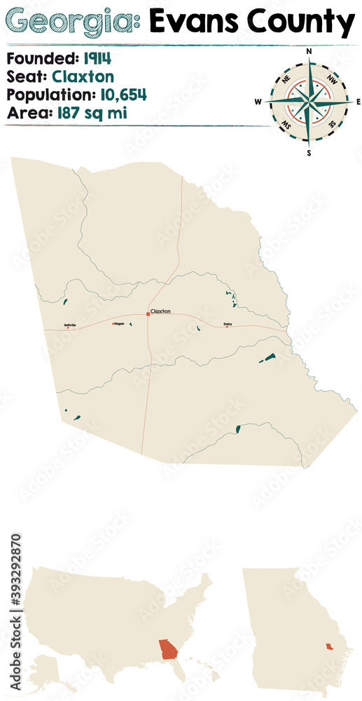 Large and detailed map of Evans county in Georgia, USA. Stock Vector ...