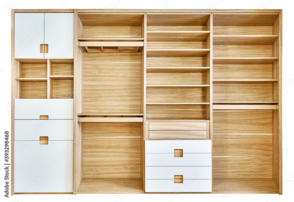 Modern wardrobe with empty shelves isolated on white background. Wooden ...