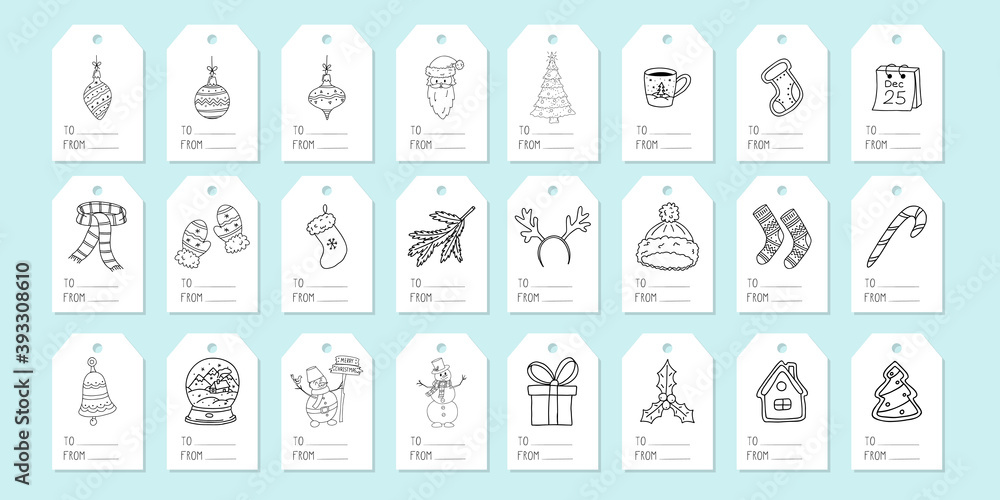 Large set of tags for gift boxes. A collection of labels with Christmas ...