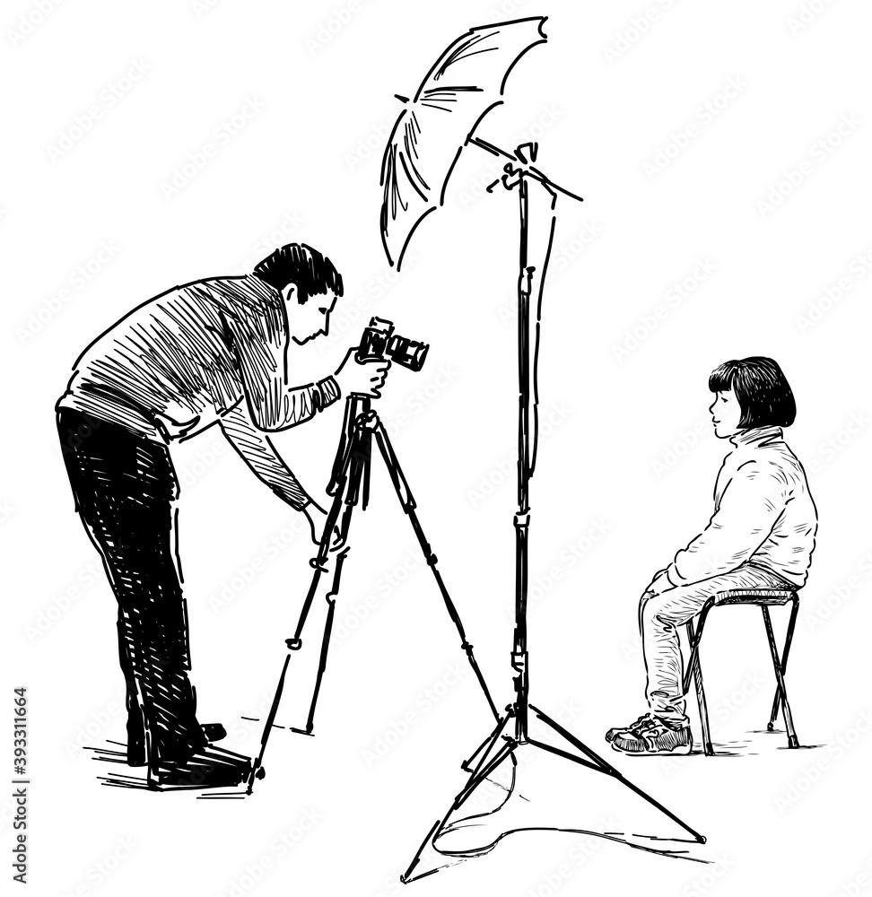 Freehand drawing of a professional photographer photographing little ...