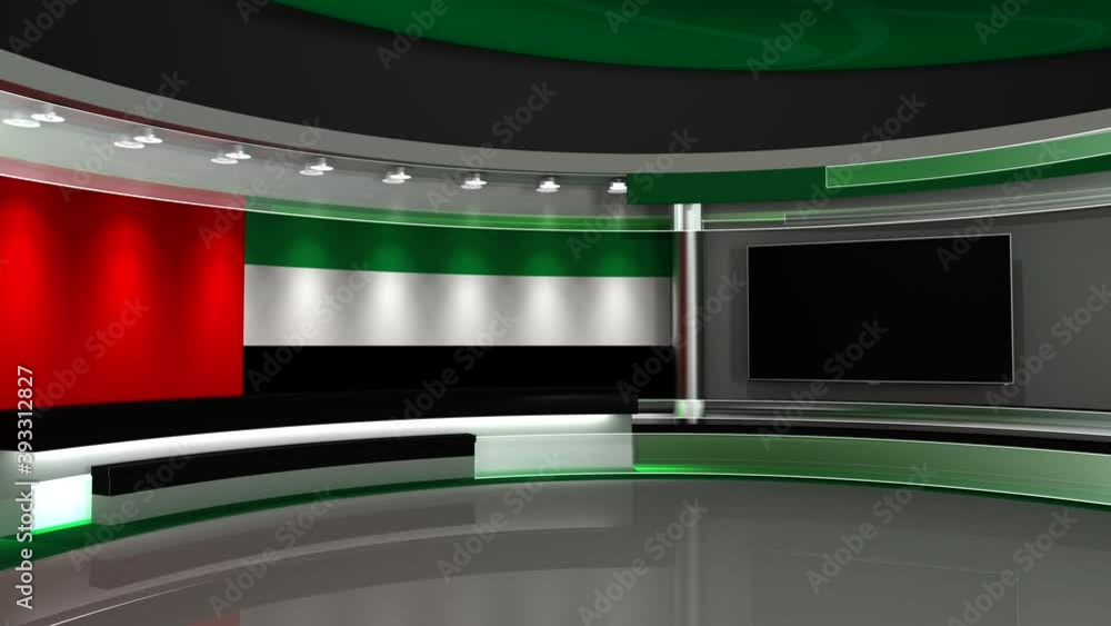 TV studio. Dubai flag studio. Dubai flag background. News studio. The ...