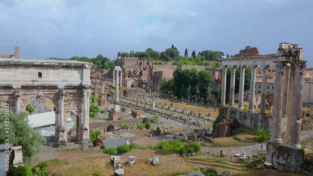Basilica Julia at the Roman Forum in Rome. Column of Phocas. The ruins ...