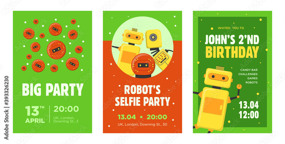 Party invitation cards set. Robots, humanoids, cyborgs, intelligent ...