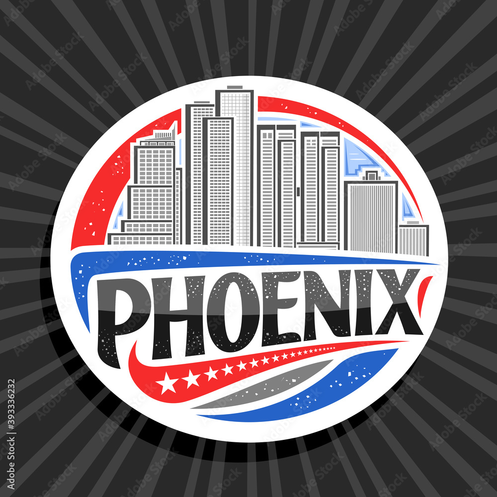 Vector logo for Phoenix, white decorative badge with line illustration of famous phoenix city ...