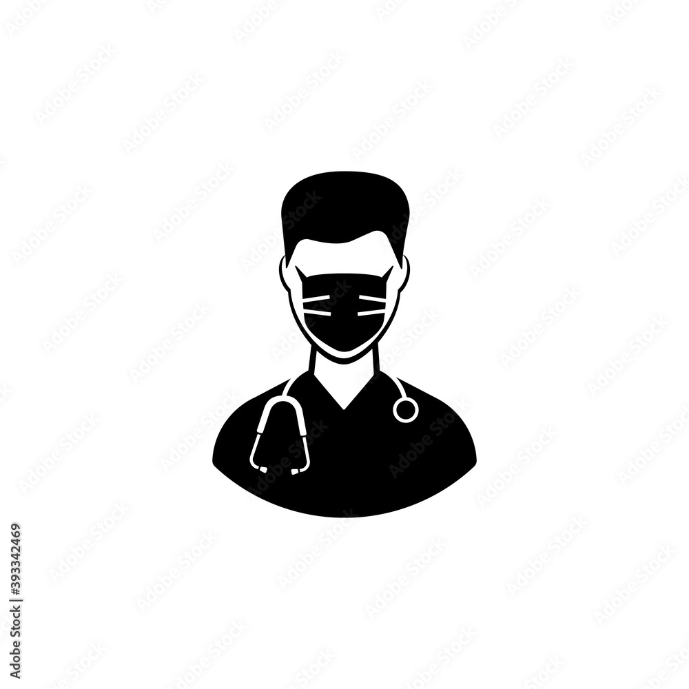 Male doctor icon. Solid black icon of a male doctor in a protective ...