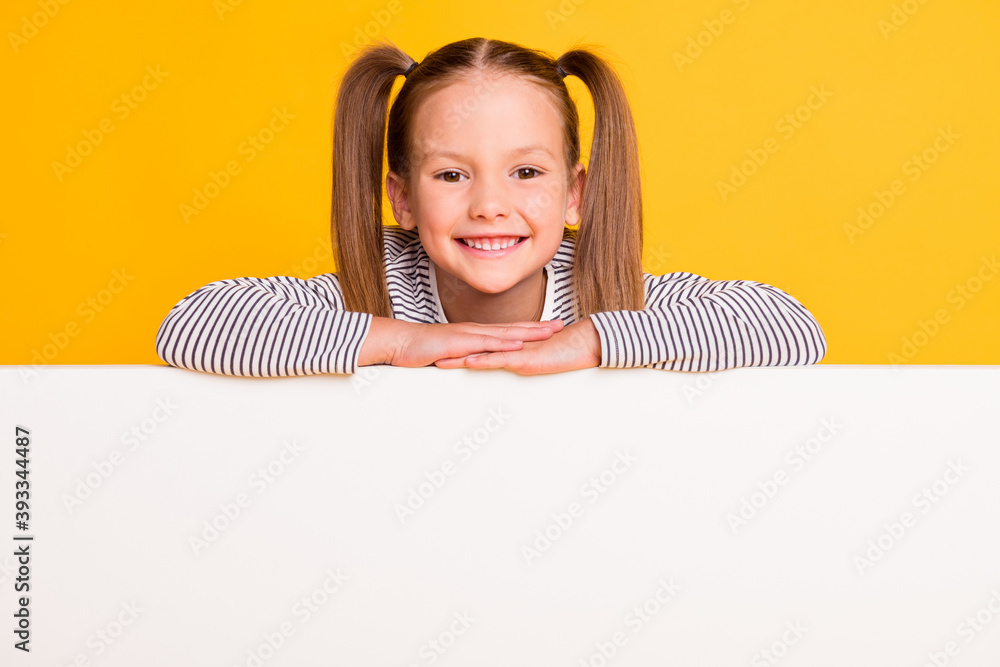 Portrait of young smiling cheerful positive little girl child kid hold ...