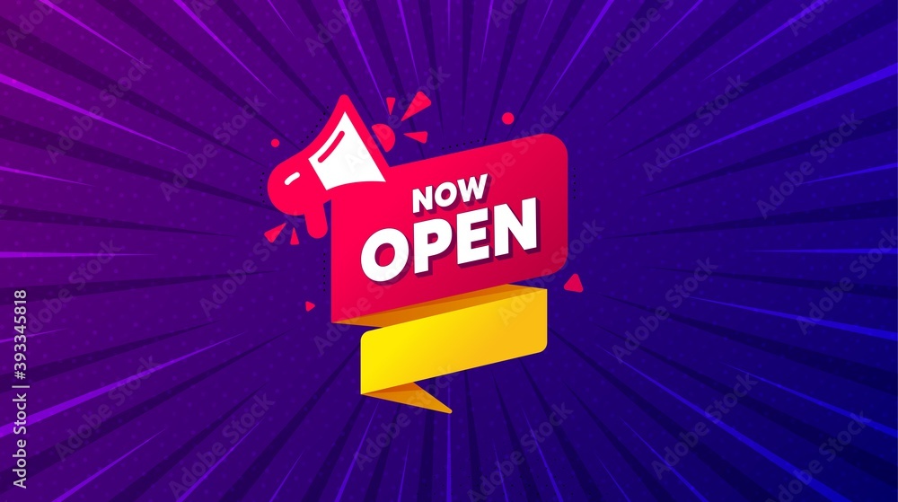 Now open banner. Purple background with offer message. Announcement ...