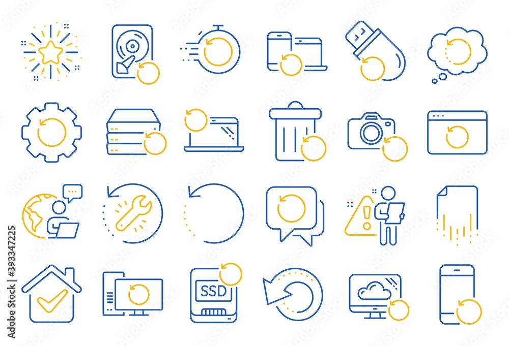 Recovery line icons. Backup, Restore data and recover document. Laptop renew, repair and phone ...