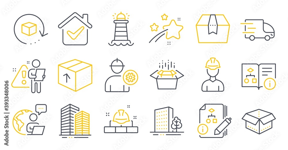 Set of Industrial icons, such as Foreman, Technical algorithm, Lighthouse symbols. Return ...