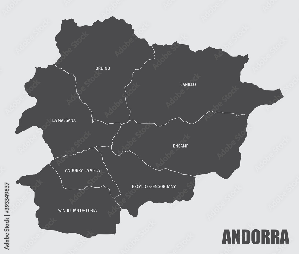 The Andorra isolated map divided in administrative areas with labels ...