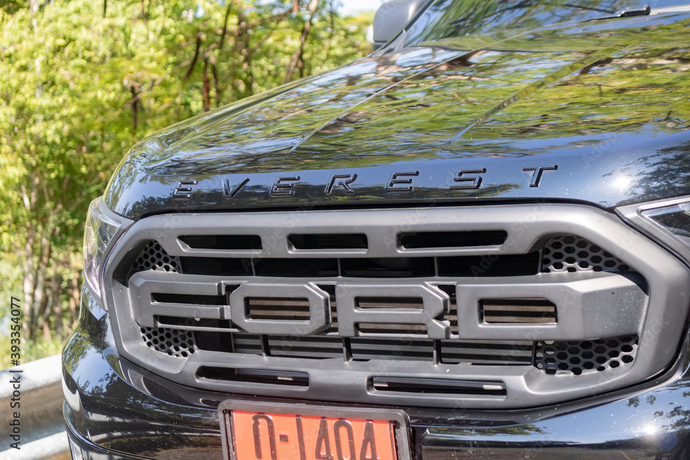 Bangkok, THAILAND - October 24, 2020: A black EVEREST logo on the Ford ...
