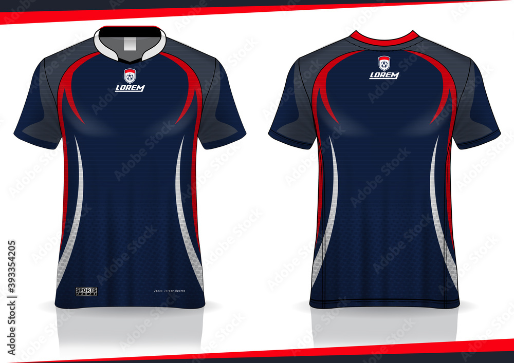 Jersey mockup. t-shirt sport design template for runner, uniform front and back view. dark blue ...