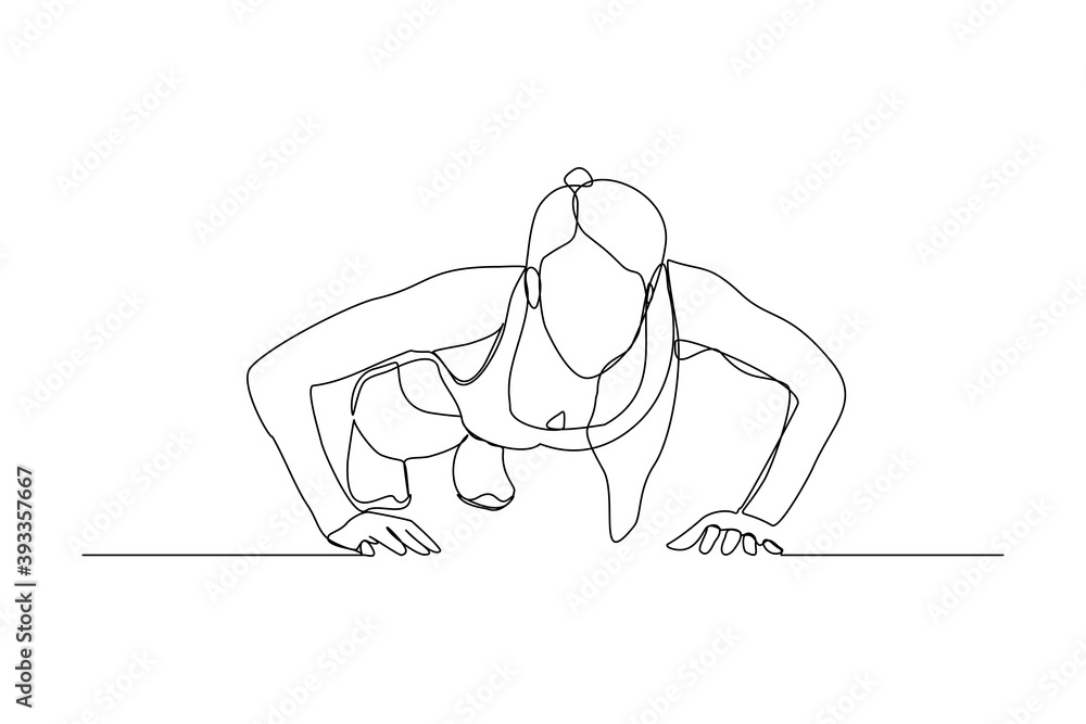 Continuous line drawing of sporty woman training push up work out. One ...