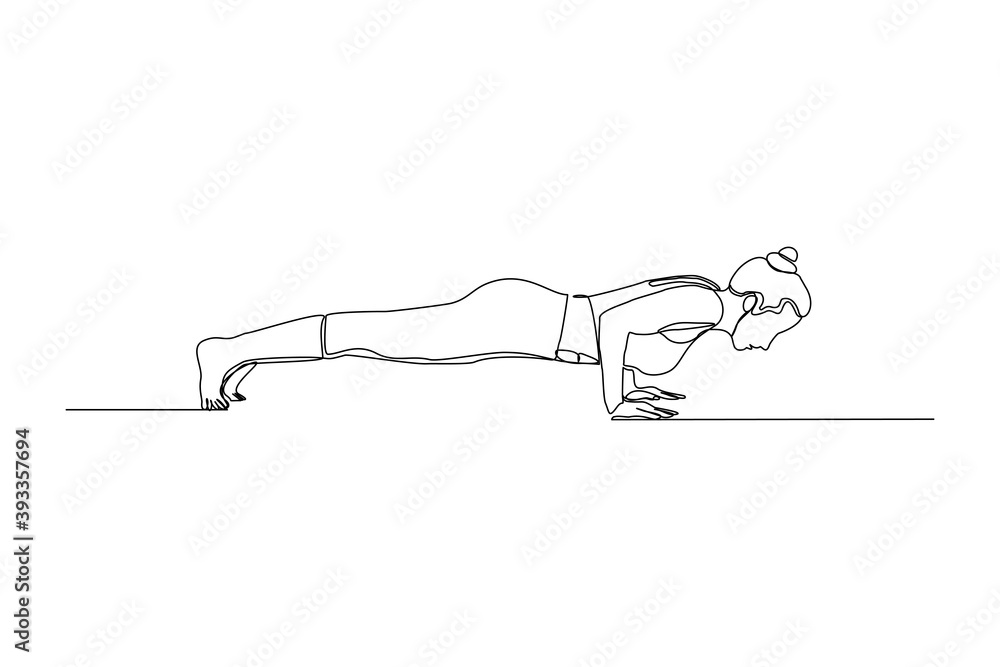 Continuous line drawing of sporty woman training push up work out. One ...