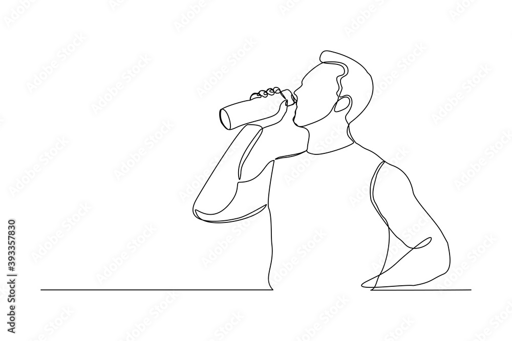 Continuous line drawing of sporty man drink energy water from bottle ...