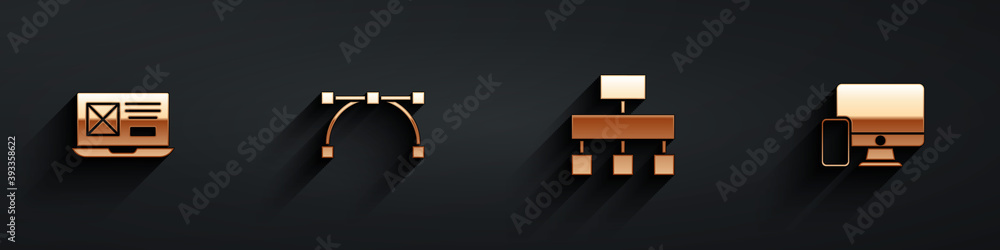 Set Ui Or Ux Design Bezier Curve Site Map And Monitor And Mobile Icon With Long Shadow Vector