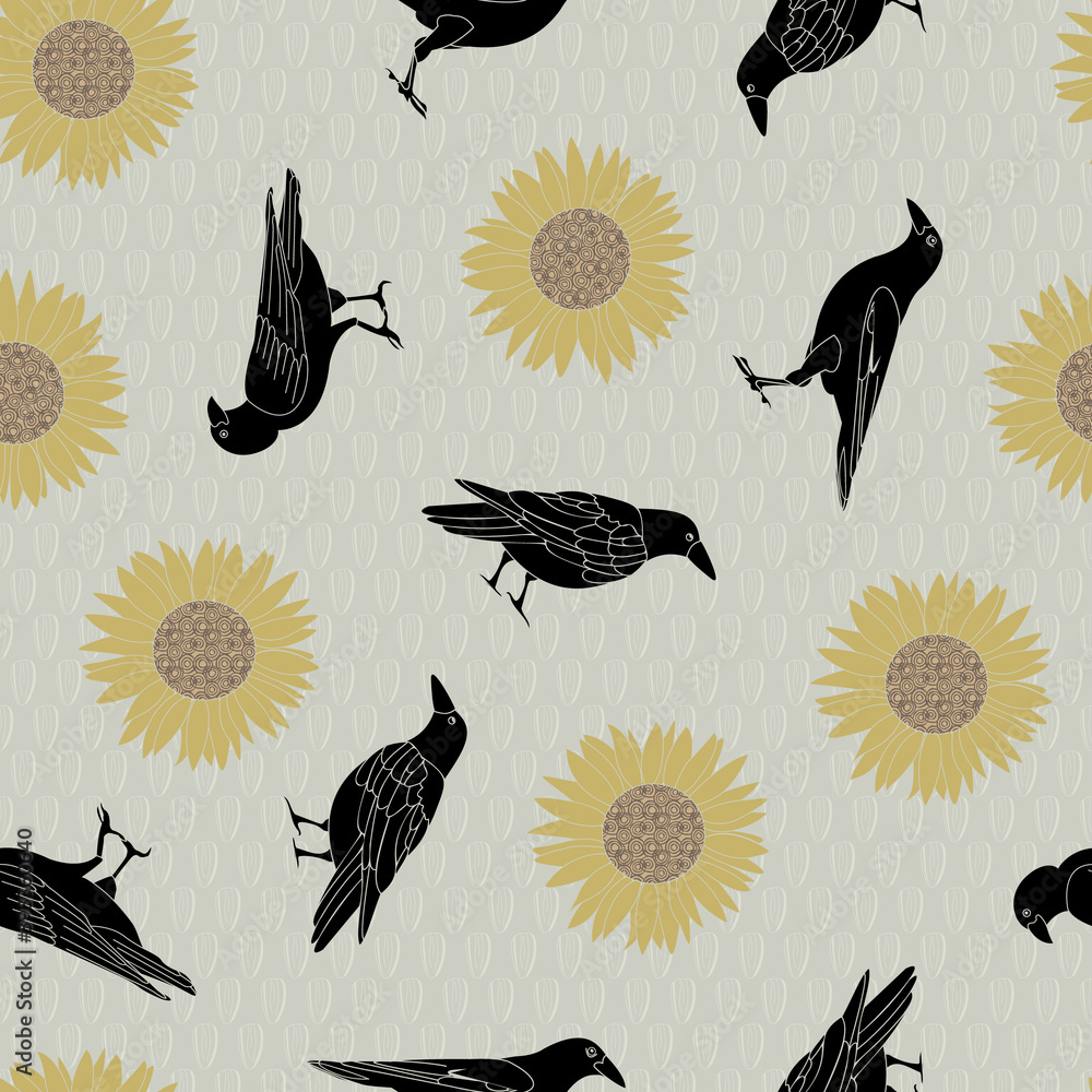 Vector Yellow Sunflowers and Crows Scattered on Taupe Background Seamless Repeat Pattern ...