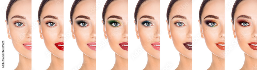 Collage different types of makeup on one woman's face close-up. Set ...