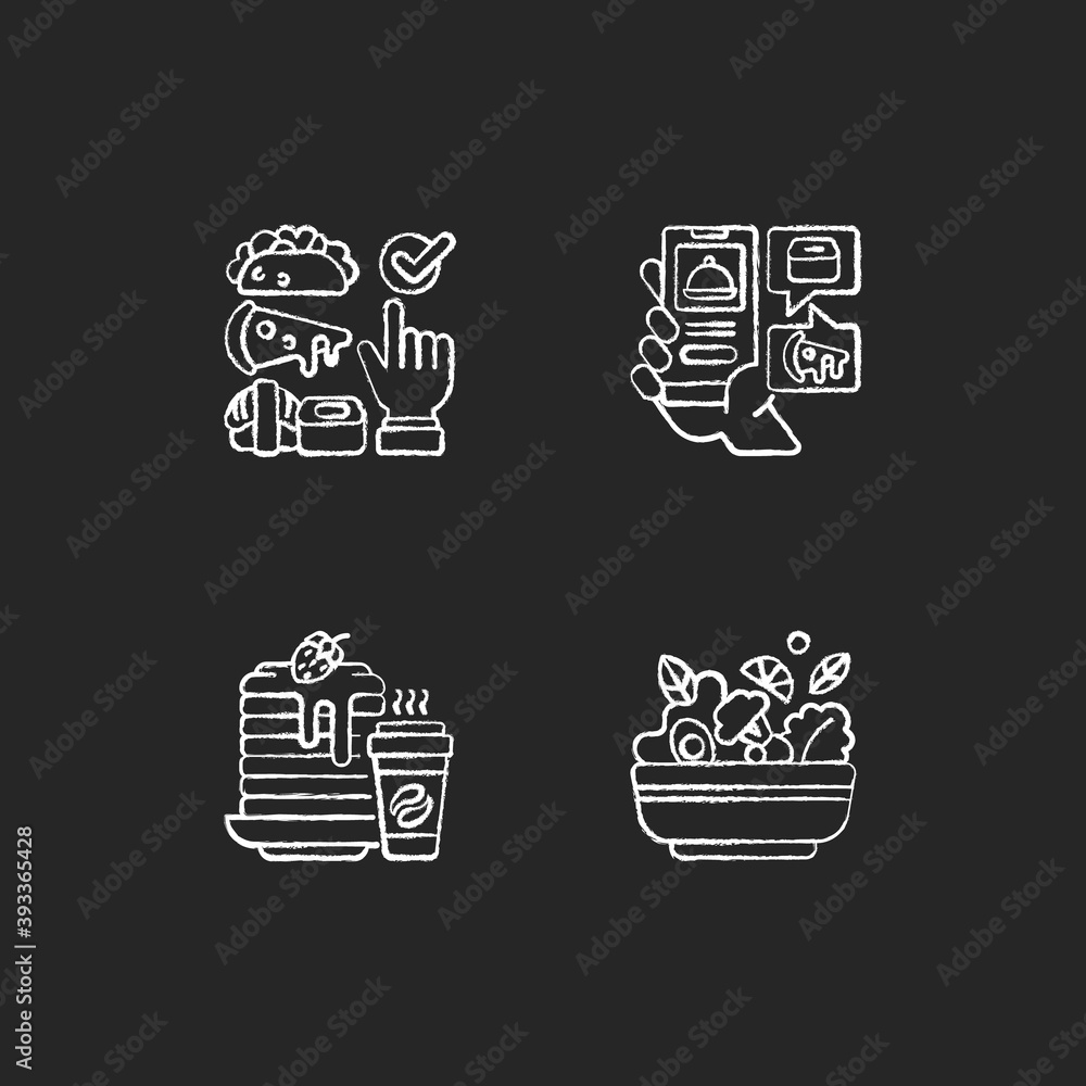 Delivering groceries, pre-prep, pre-made meals chalk white icons set on ...