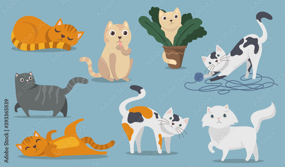 Playful cute cats flat item set. Cartoon fluffy kitties, kittens and ...