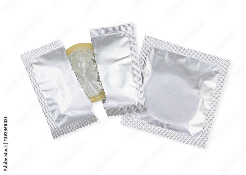 Opened Condom It Is Used To Prevent Sexually Transmitted Diseases Isolated On White Background