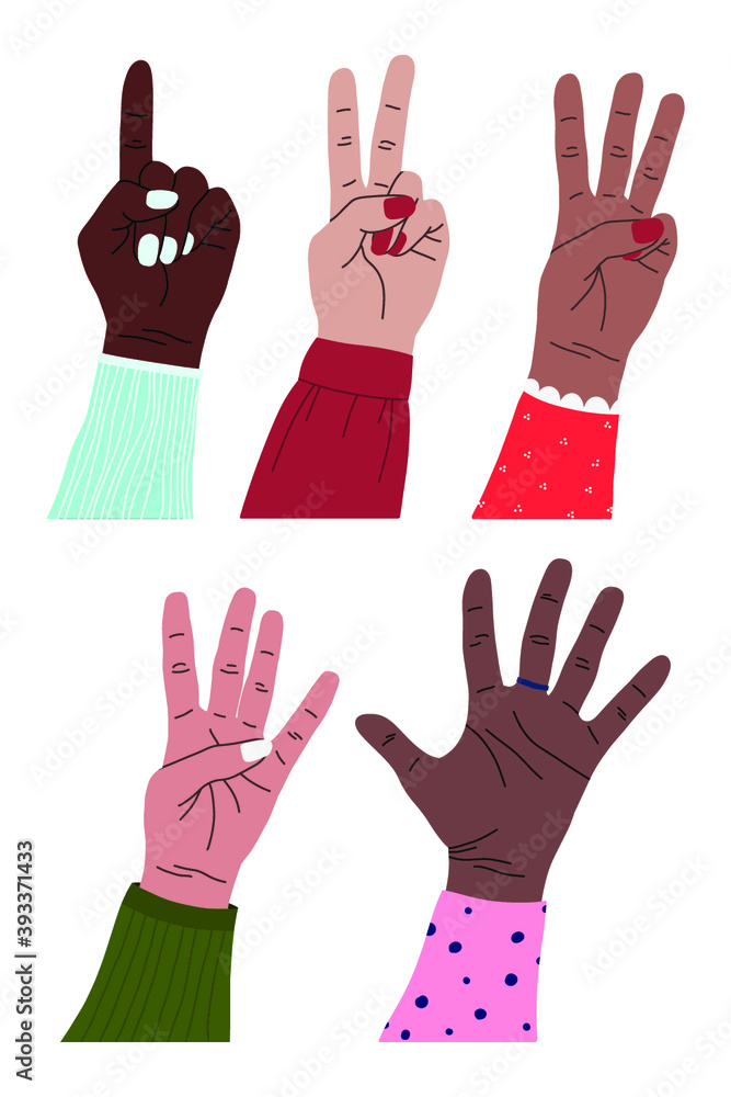 Set of minimalistic colored female hands art drawings symbols or signs ...