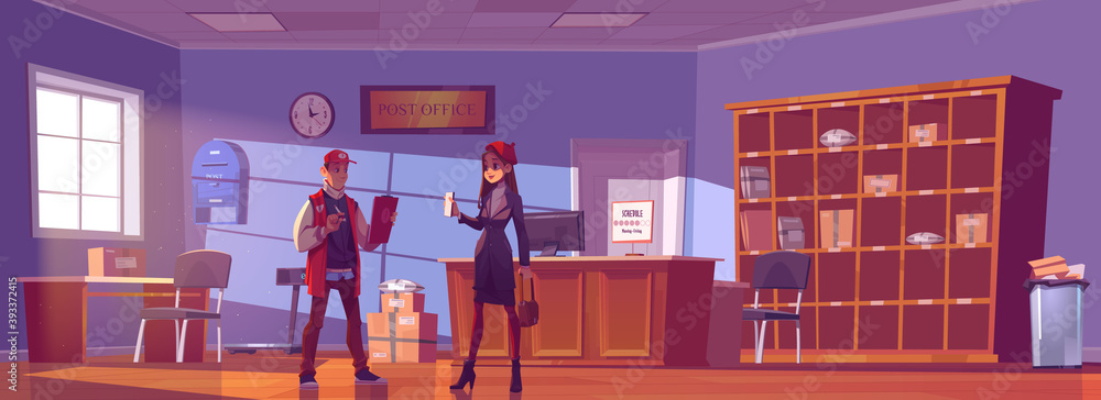 Woman visit post office. Young girl show letter to man employee on ...