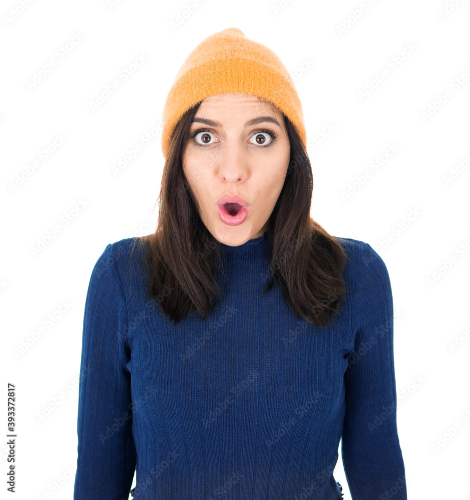 Surprised beautiful woman stare to camera, isolated on white background ...