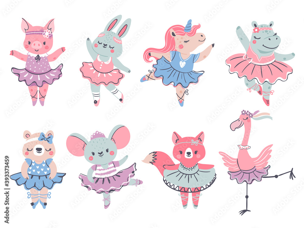 Ballet animals. Bunny, fox and unicorn ballerina in scandinavian style ...