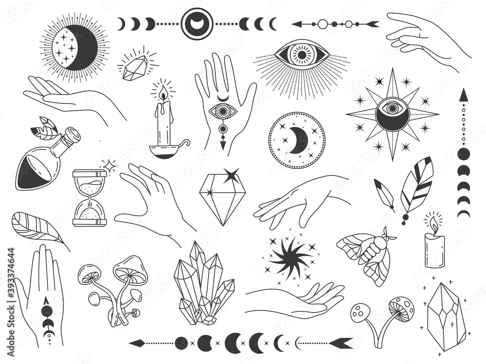 Boho mystic elements. Witch magic vintage logos with crystals, hands, moon and eyes. Outline ...