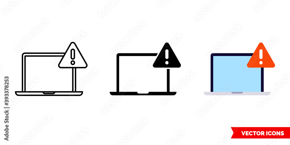 Laptop error icon of 3 types color, black and white, outline. Isolated ...