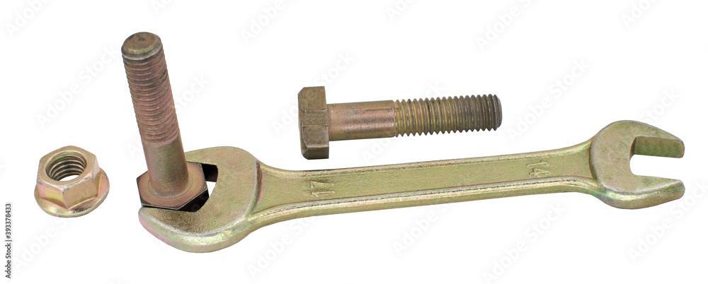 spanner with nut and bolt on white Stock Photo | Adobe Stock