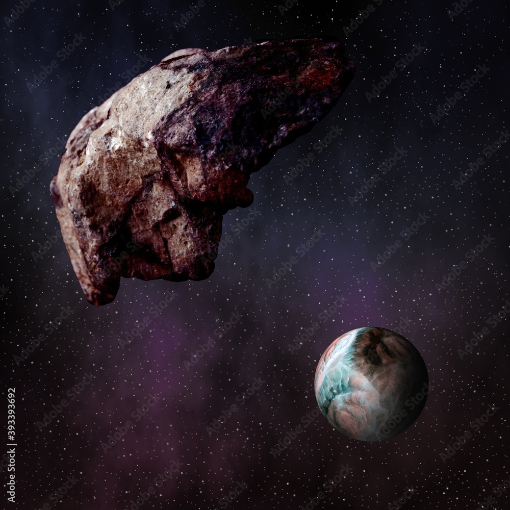 Futuristic illustration of a meteor threatening to destroy a planet, 3D ...