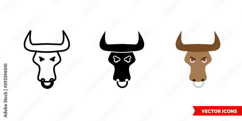 Bull symbol icon of 3 types color, black and white, outline. Isolated ...