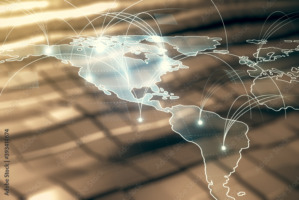 Double exposure of abstract digital world map hologram with connections ...