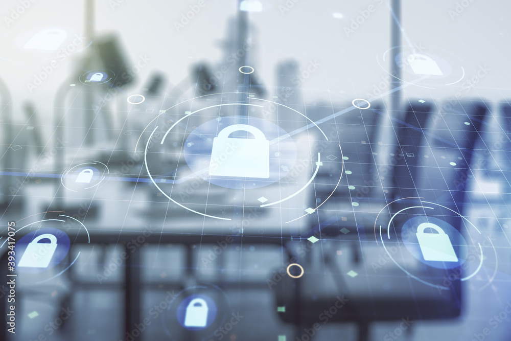 Virtual creative lock illustration with microcircuit on a modern ...