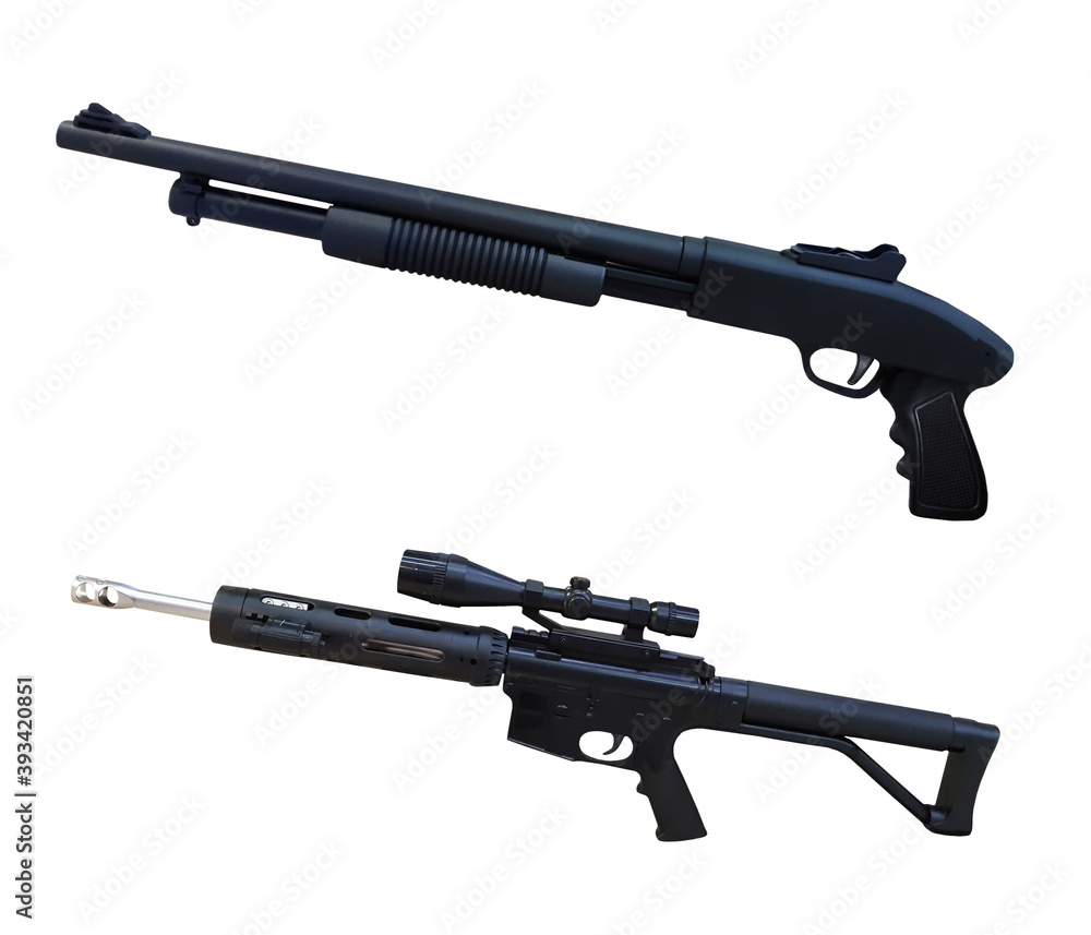 There are a pump action shotgun and an assault rifle. White background ...