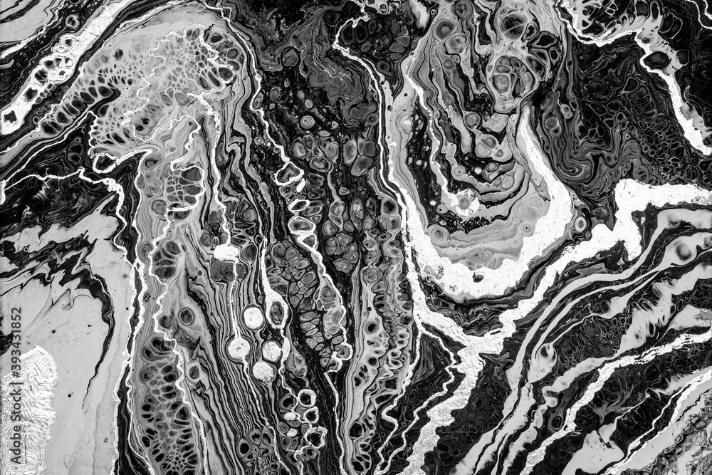 Luxury contemporary fluid art. Black and white acrylic paints poured on ...
