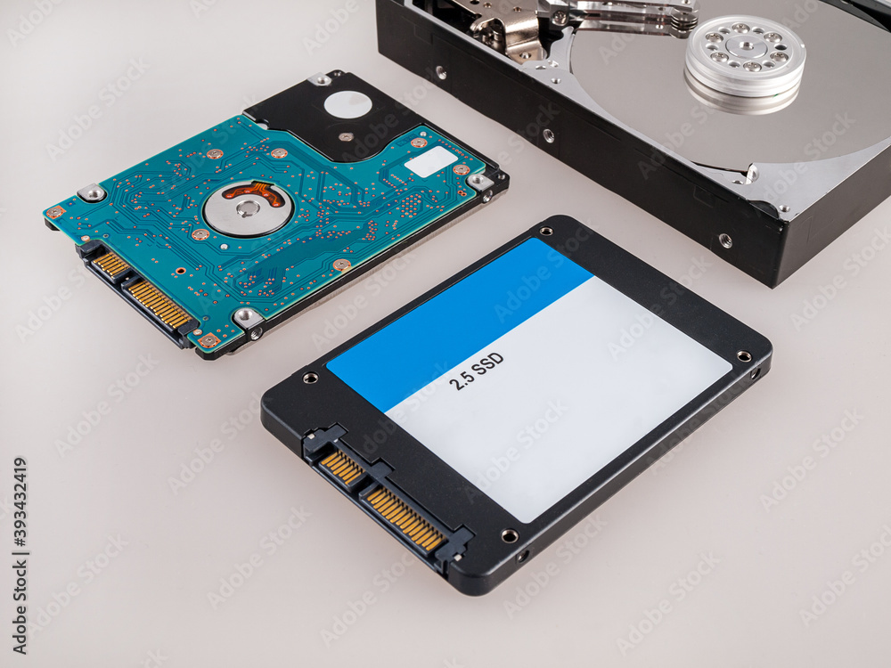 different types of computer drives, hard disk drives and SSD drives of ...