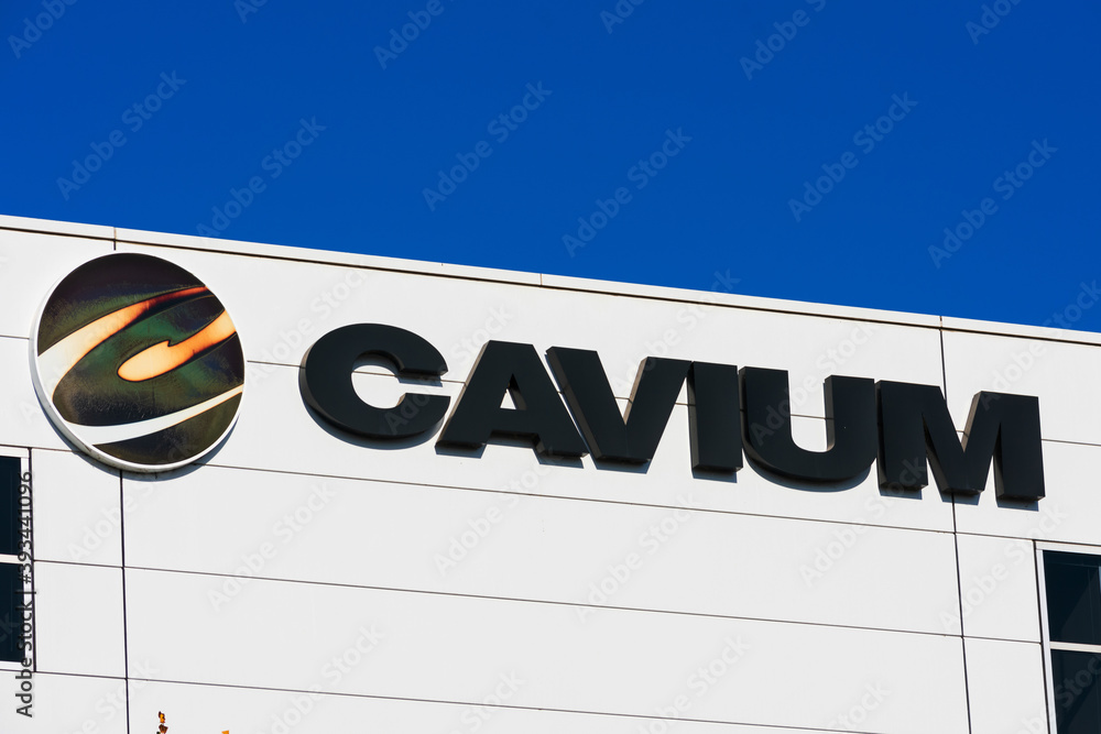 Cavium logo atop a fabless semiconductor company HQ. Cavium is owned by ...